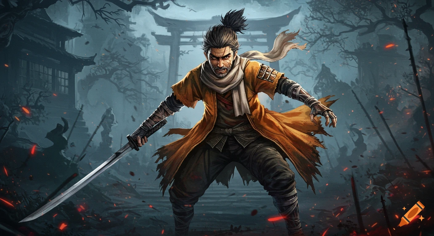 Stylized illustration of a fierce samurai with a sword in a dark ...