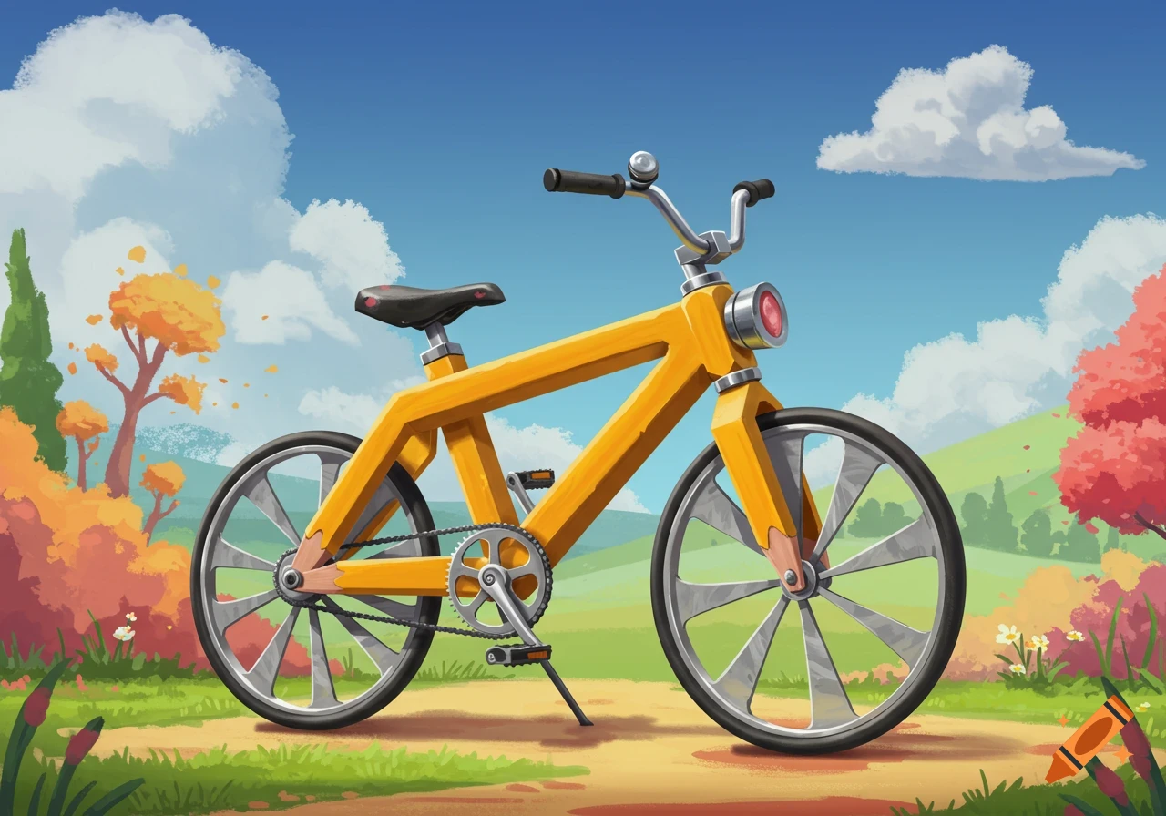 Stylized illustration of a pencil bike in a bright, colourful landscape ...