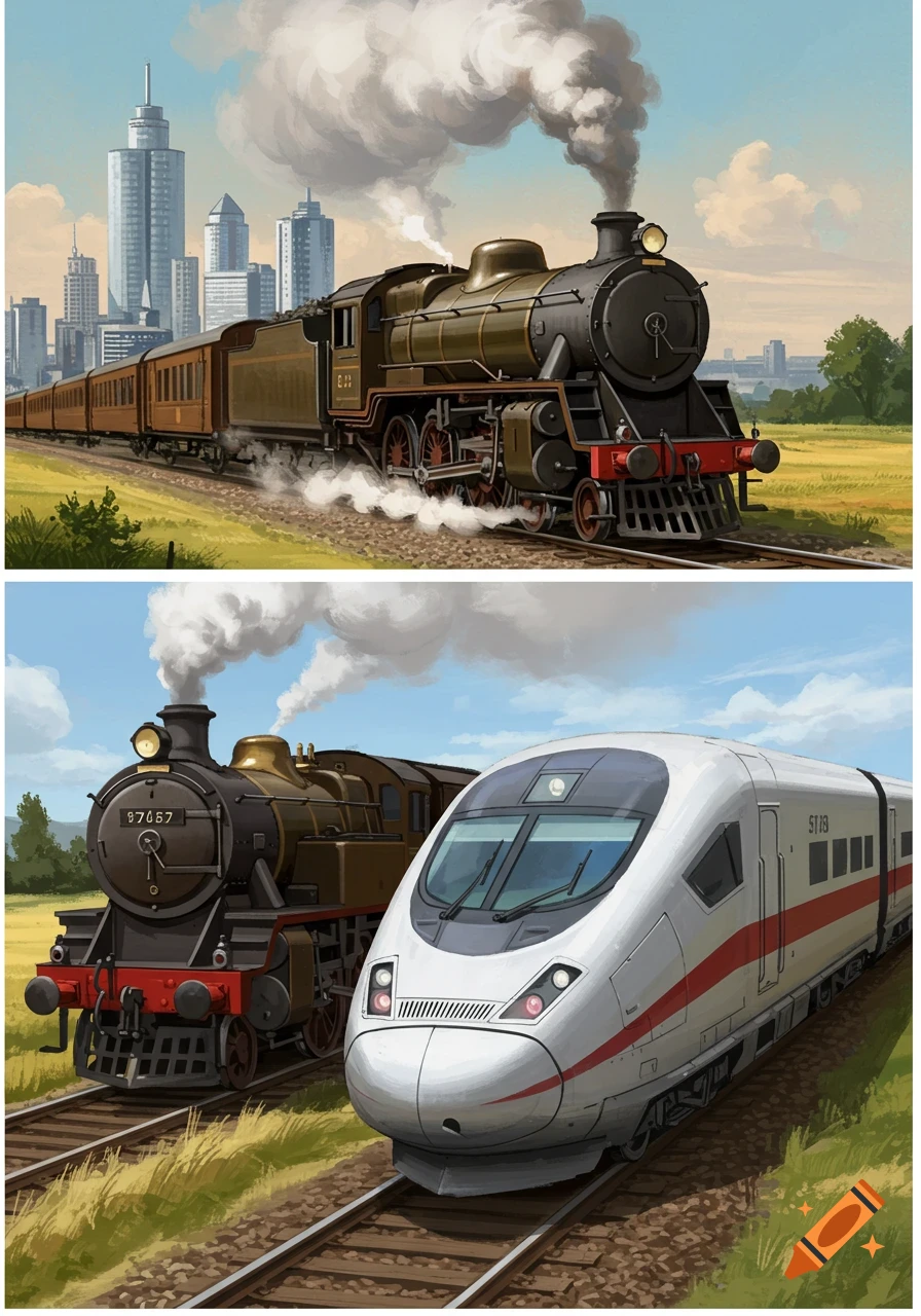 Illustration showing a steam train next to a city skyline and a steam ...