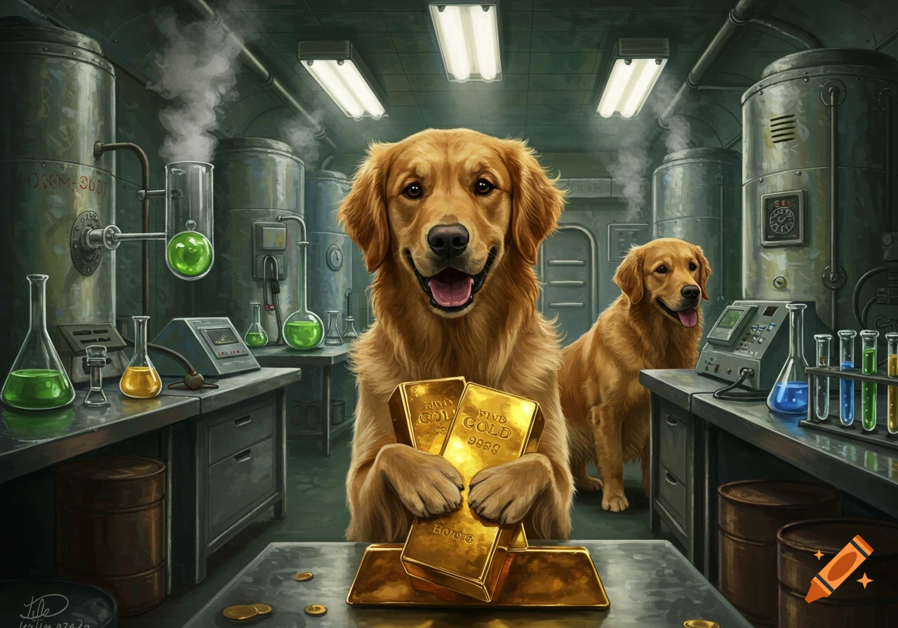 A golden retriever holds gold bars in a science lab with another dog ...