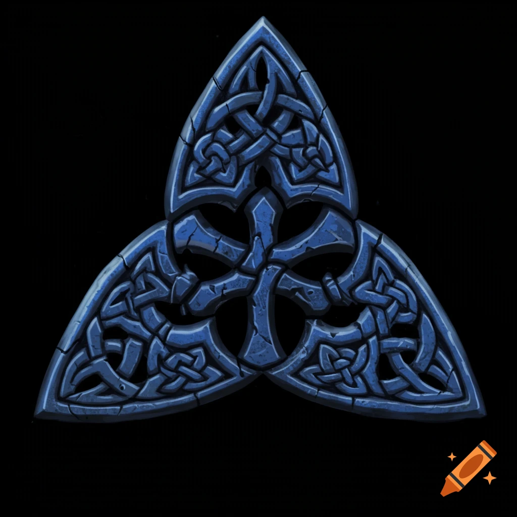 A blue ancient or relic style Celtic knot symbol on a black background ...