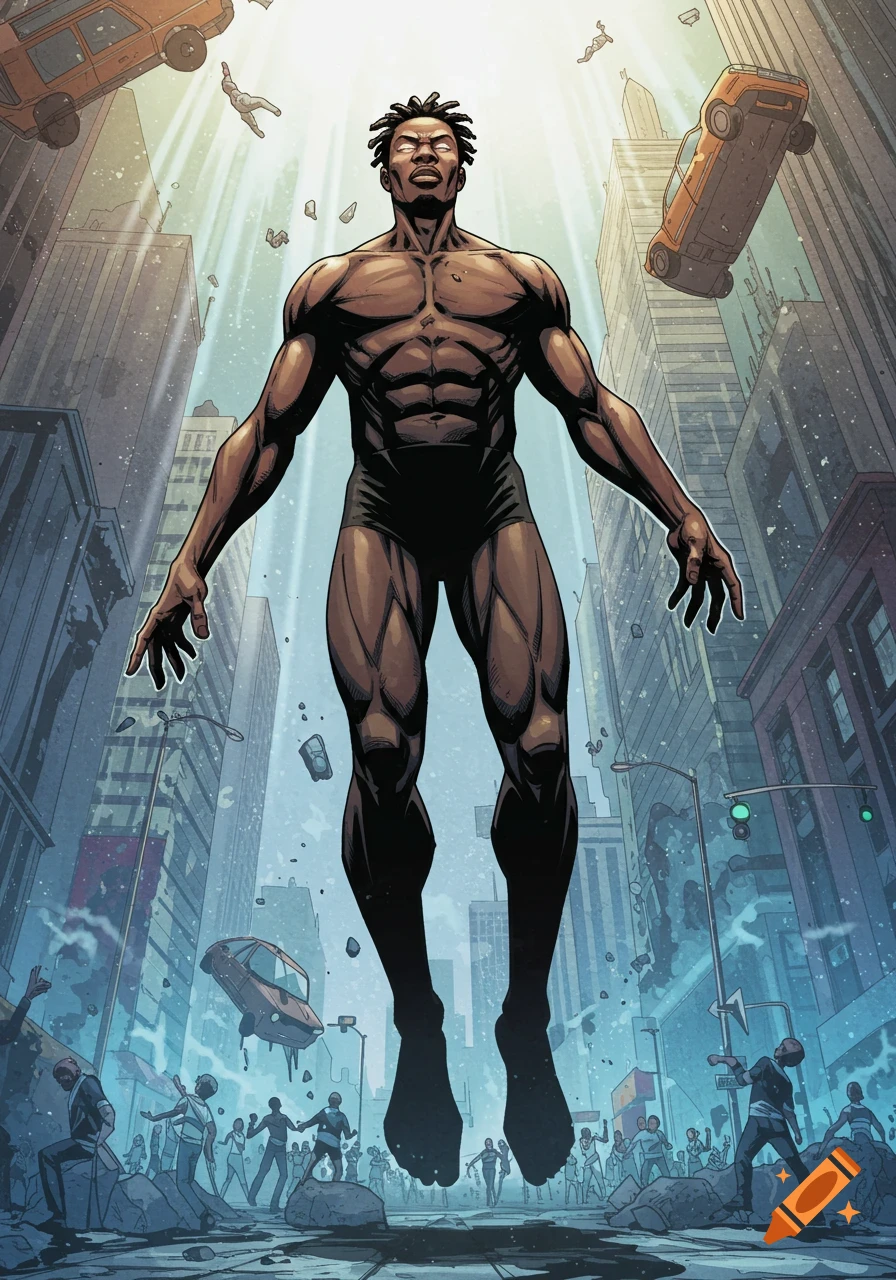 A muscular black man floats above a chaotic city street with cars and ...