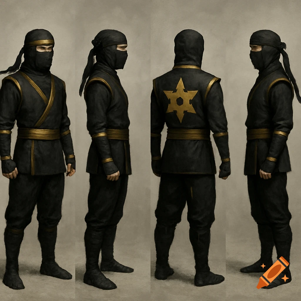 Four views of a ninja in a black and gold suit with a golden star on ...