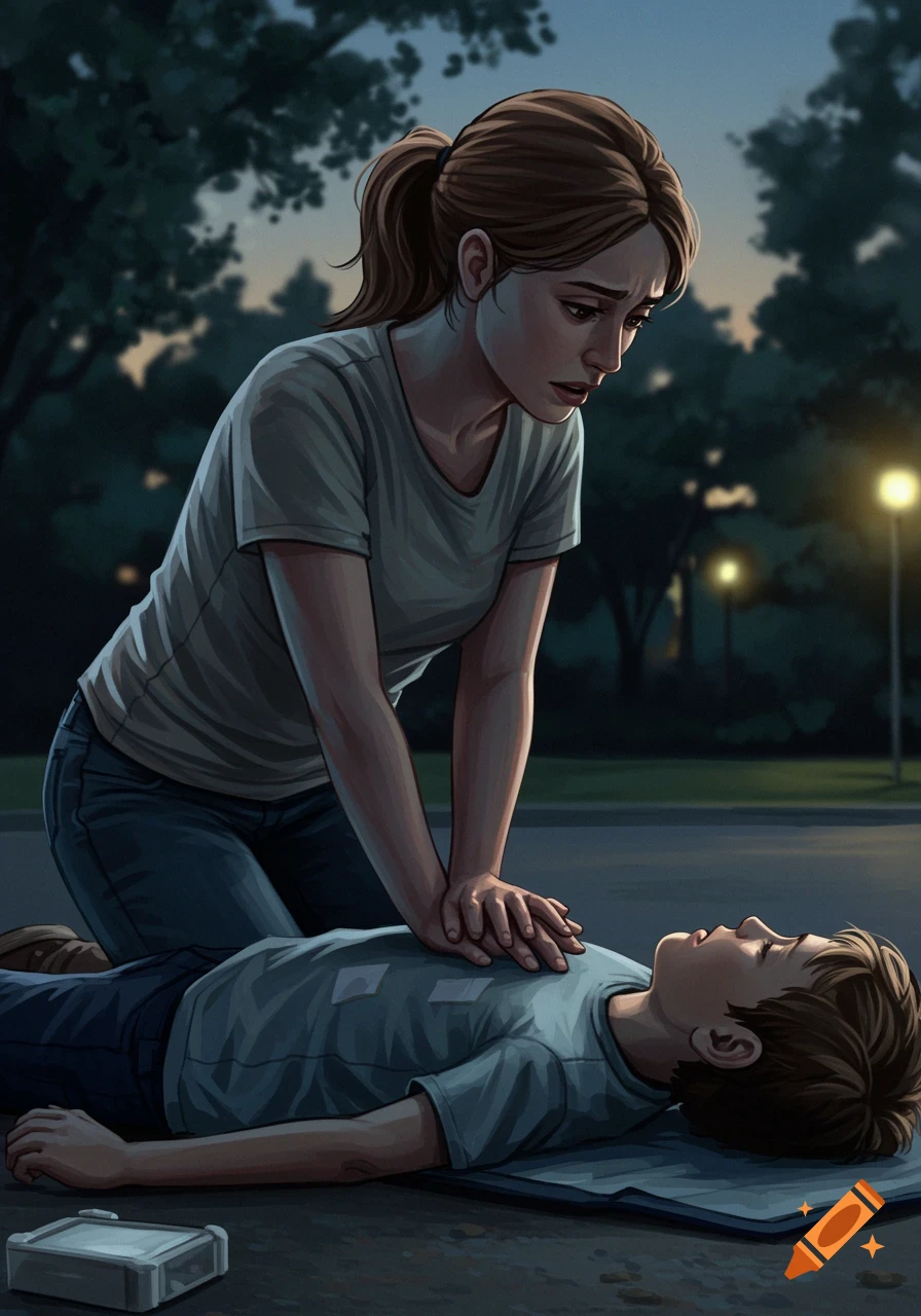 Illustration of a woman performing CPR on a boy lying on the ground. on Craiyon