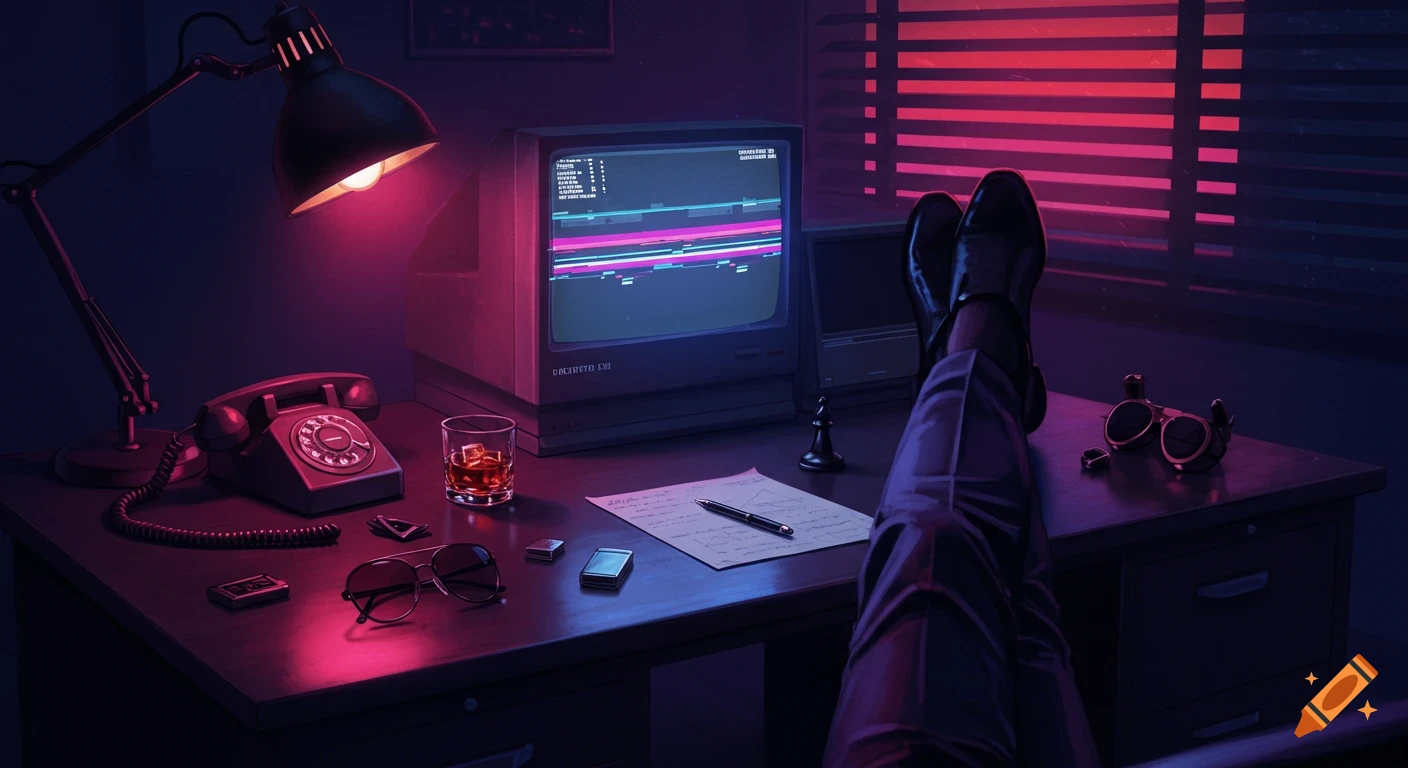 Feet propped on a desk in a synthwave-lit retro office with CRT monitor ...