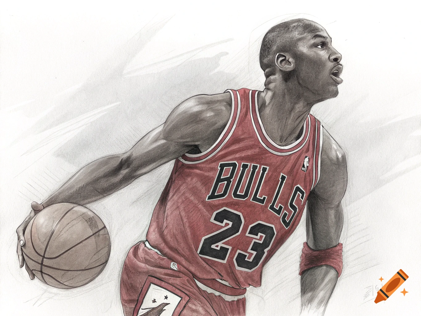 Sketch of Michael Jordan in a Bulls jersey holding a basketball on Craiyon