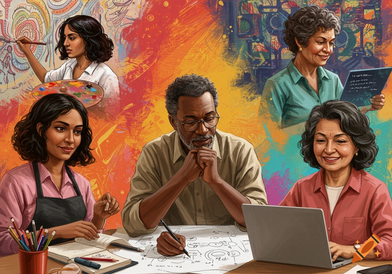 People collaborating on creative and academic tasks in a vibrant ...