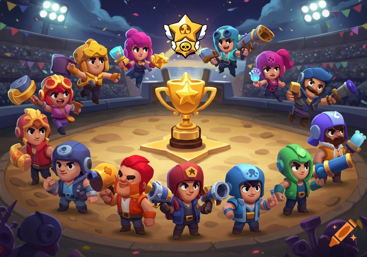 Cartoon characters from Brawl Stars stand around a golden trophy in a ...