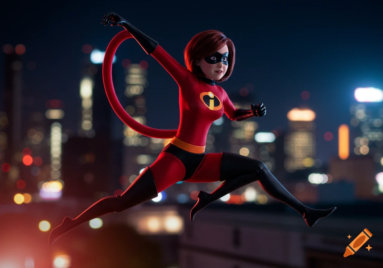 Elastigirl in her red suit swings against a blurry city skyline at night. on Craiyon