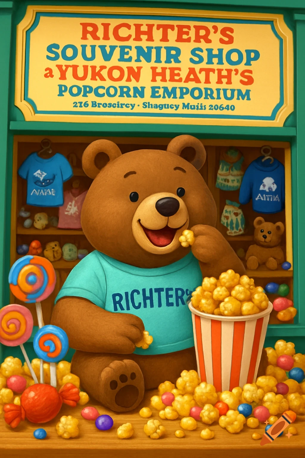 A cartoon bear eats popcorn in front of a colorful souvenir and popcorn ...