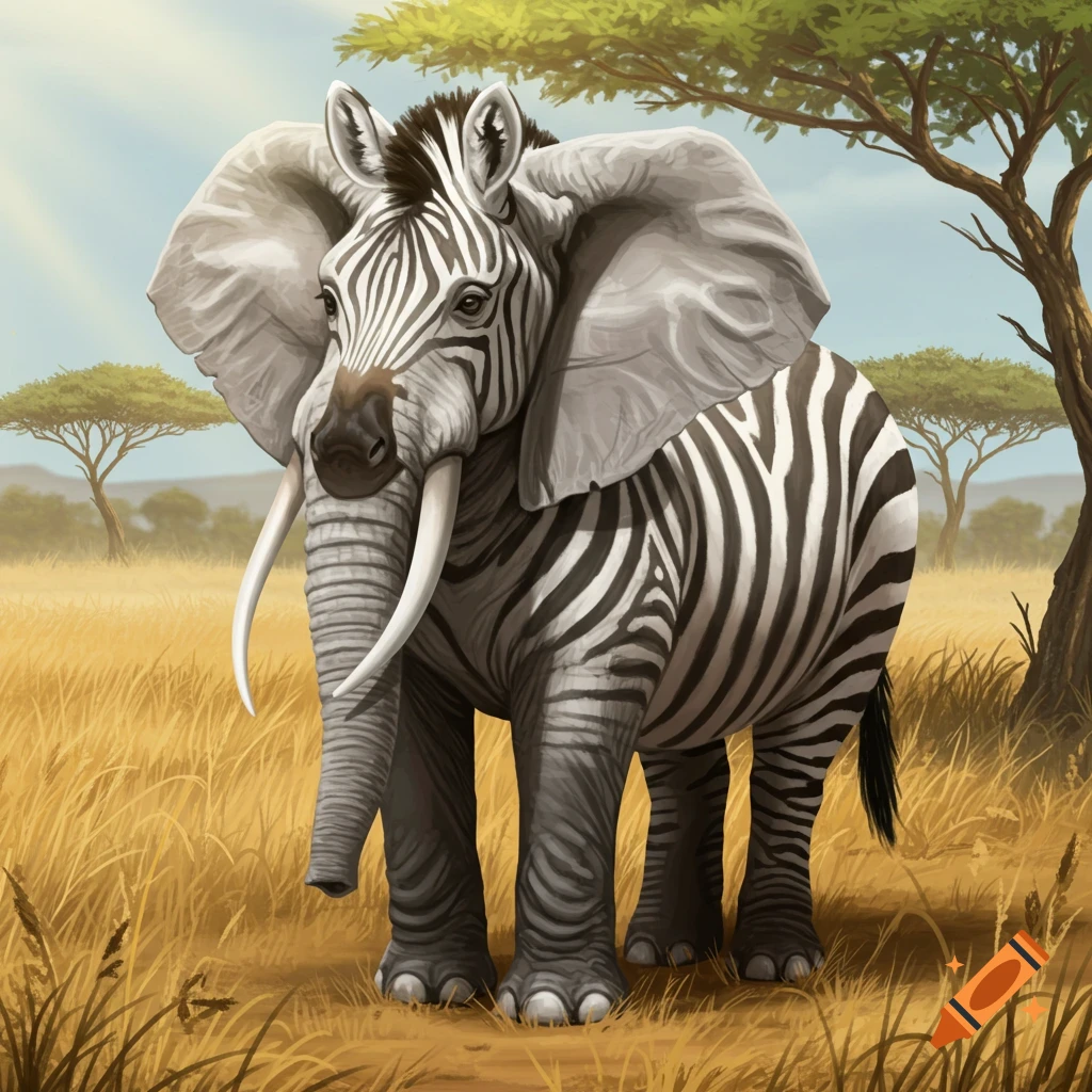 A fantasy hybrid creature, a zebra crossed with an elephant, stands in ...