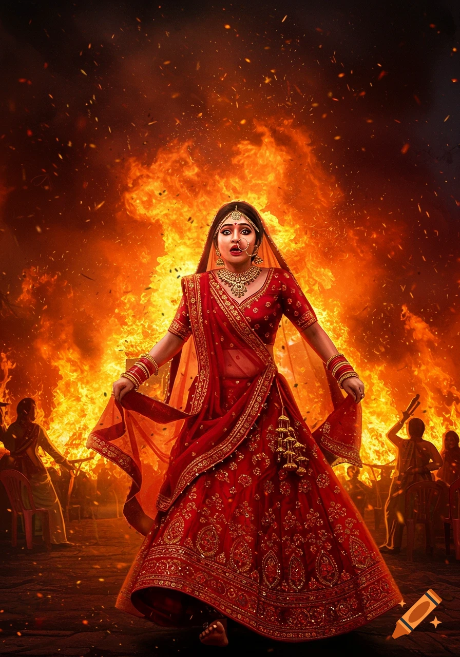 Scared bride in red dress runs from a fiery wedding ceremony. on Craiyon