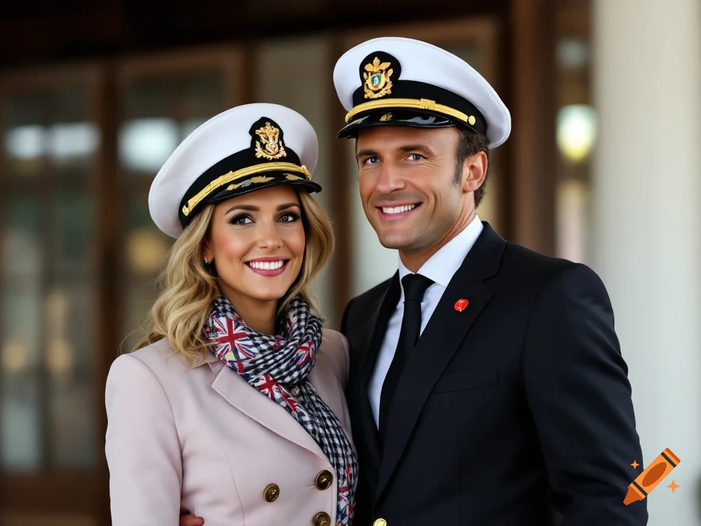 Emmanuel and Brigitte Macron smiling, wearing suits and captain's hats ...