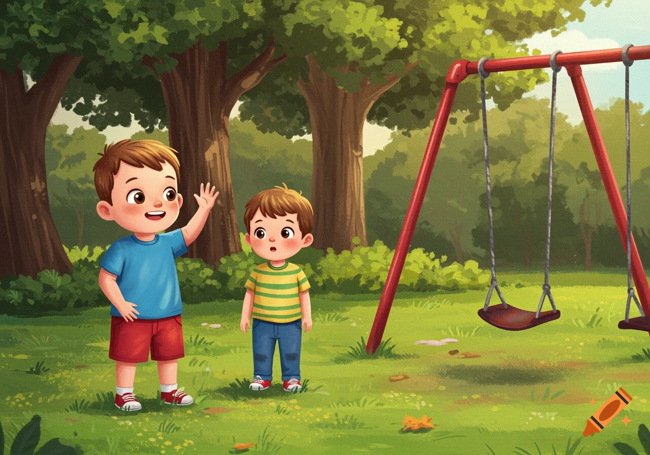Smiling boy waving at another child on a playground with swings and ...