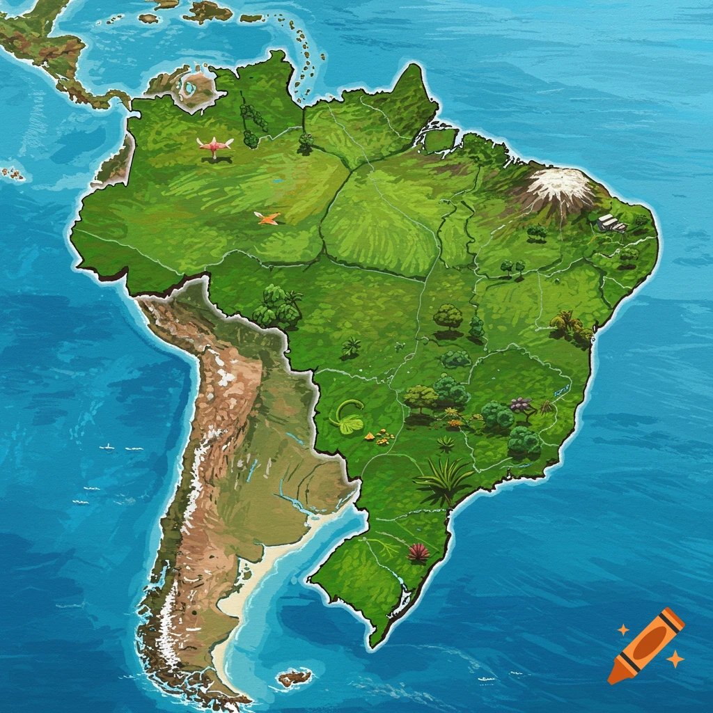 Stylized, illustrative map of South America, highlighting the diverse ...