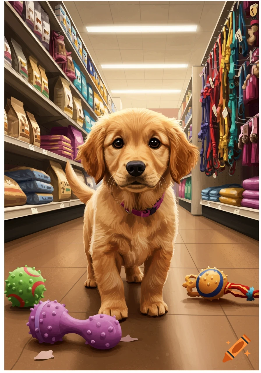 A golden retriever puppy stands in the aisle of a pet store among toys ...