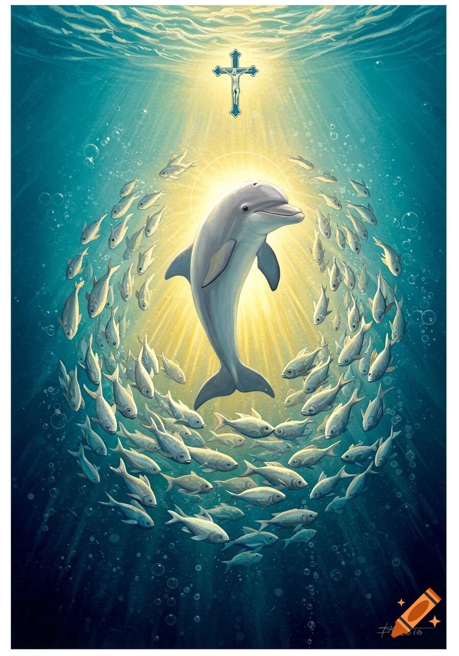 Illustration of a dolphin surrounded by fish underwater with a cross ...