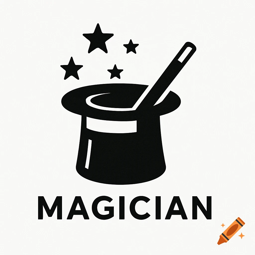 Black and white logo of a magician's hat, wand, and stars with the word ...