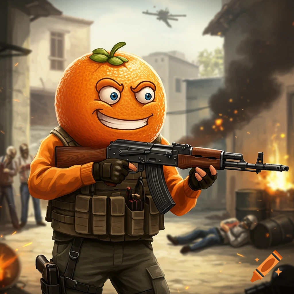 Cartoon orange character in tactical gear holds rifle in warzone scene ...