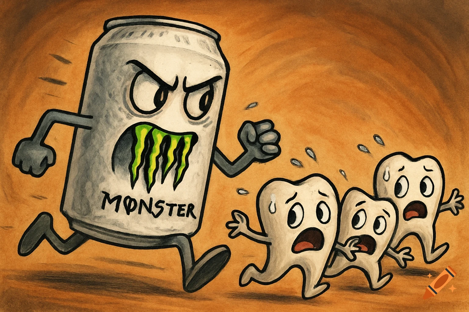 Cartoon illustration of a Monster energy drink can chasing three scared ...