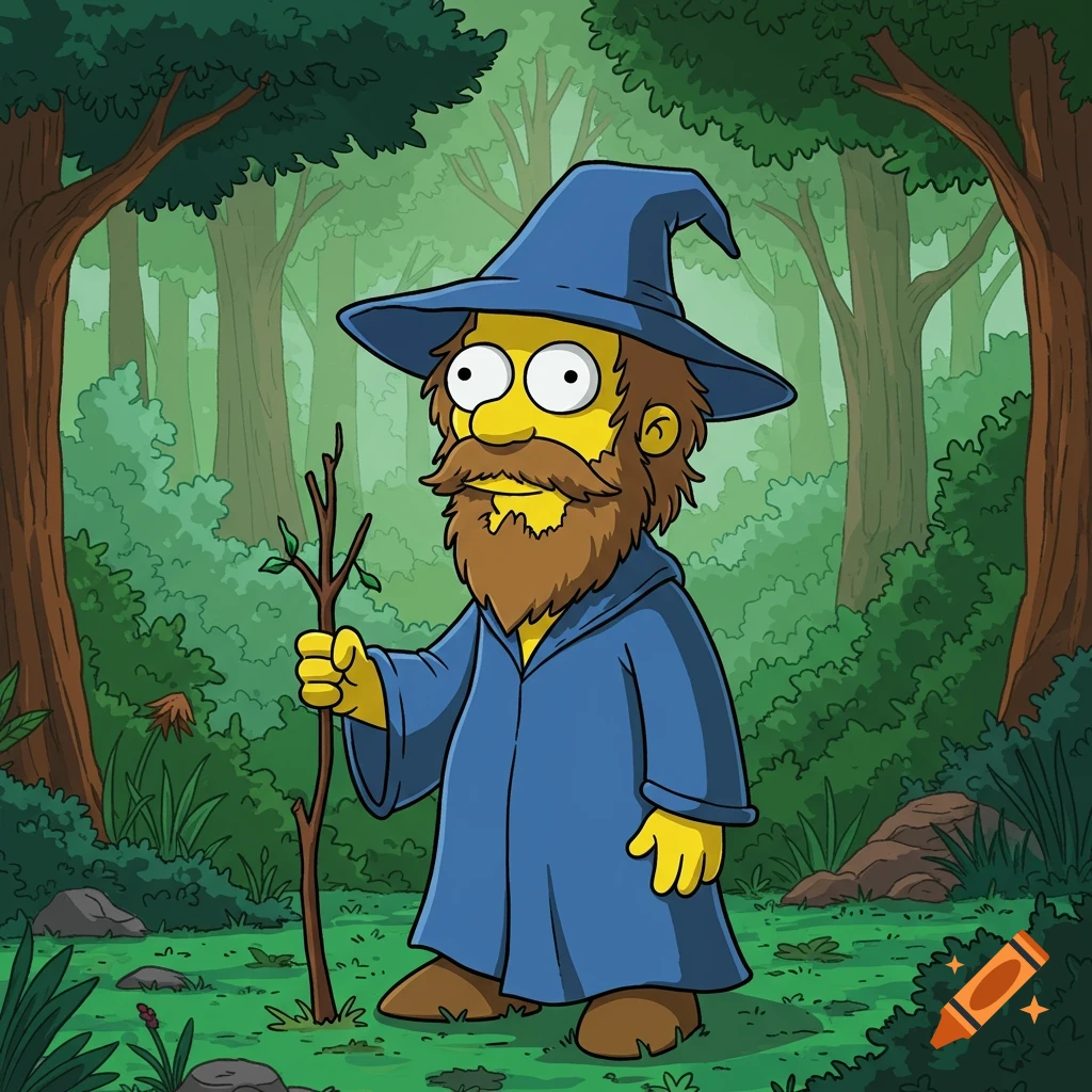 A Simpsons-style character dressed as a wizard stands in a forest. on ...