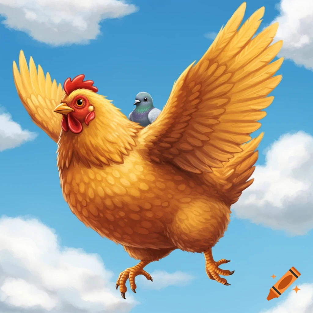 Large yellow chicken flying through a blue sky with a pigeon on its ...
