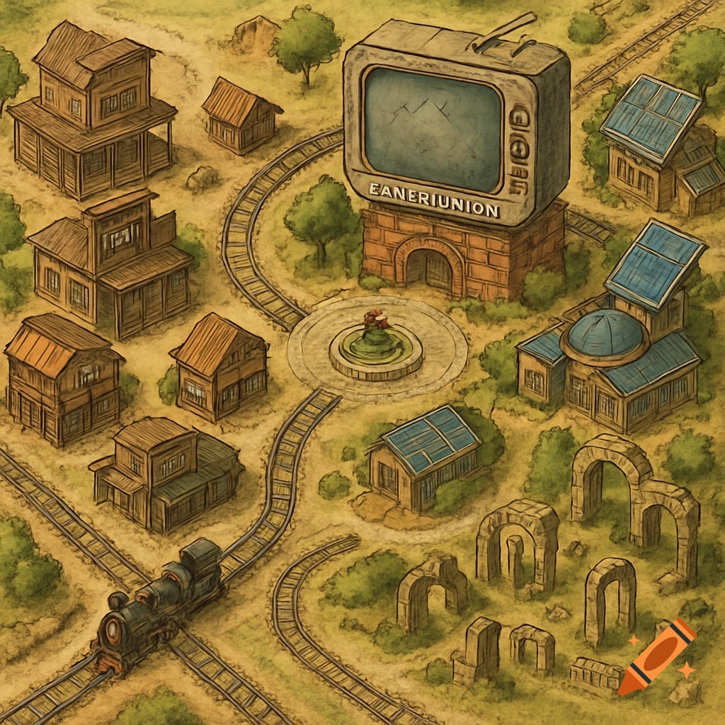 Illustrated rustic town map with buildings, train, fountain, and giant ...