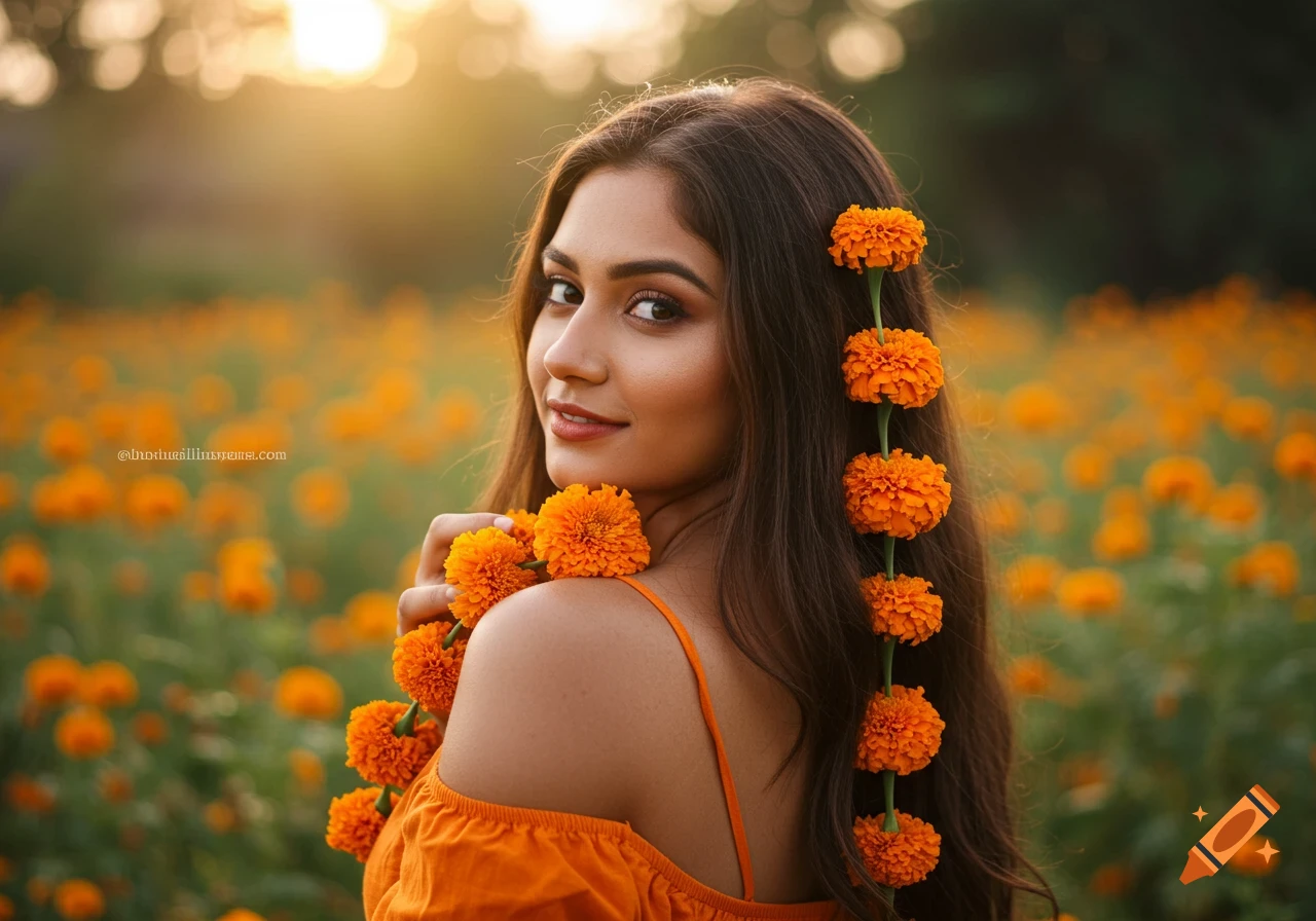 Young woman with marigolds in her hair and over her shoulder in a field ...