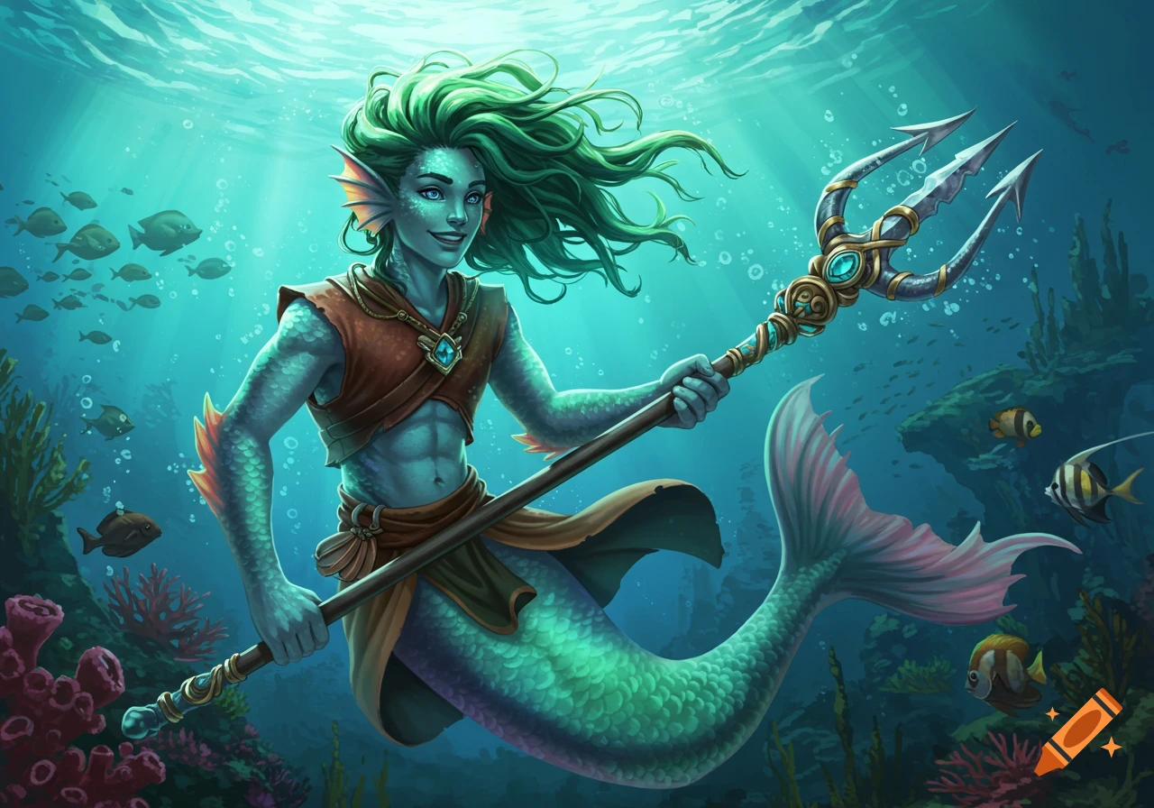 Fantasy illustration of a humanoid merfolk holding a trident underwater ...