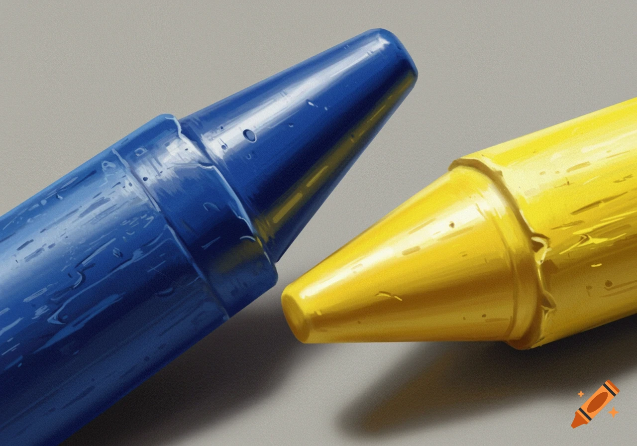 Close-up of a blue crayon and a yellow crayon. on Craiyon