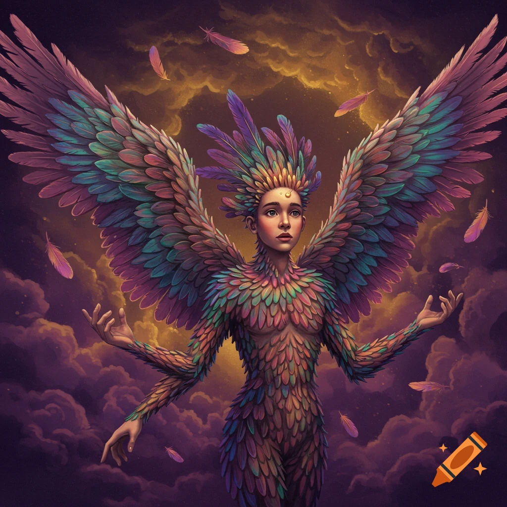 A human-like figure covered in colorful feathers with large wings ...