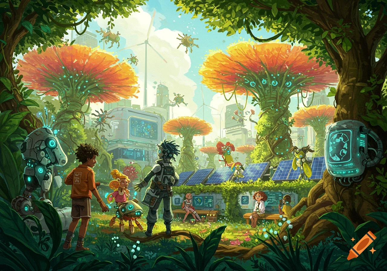 Illustrated solarpunk scene with people, robots, solar panels, and ...