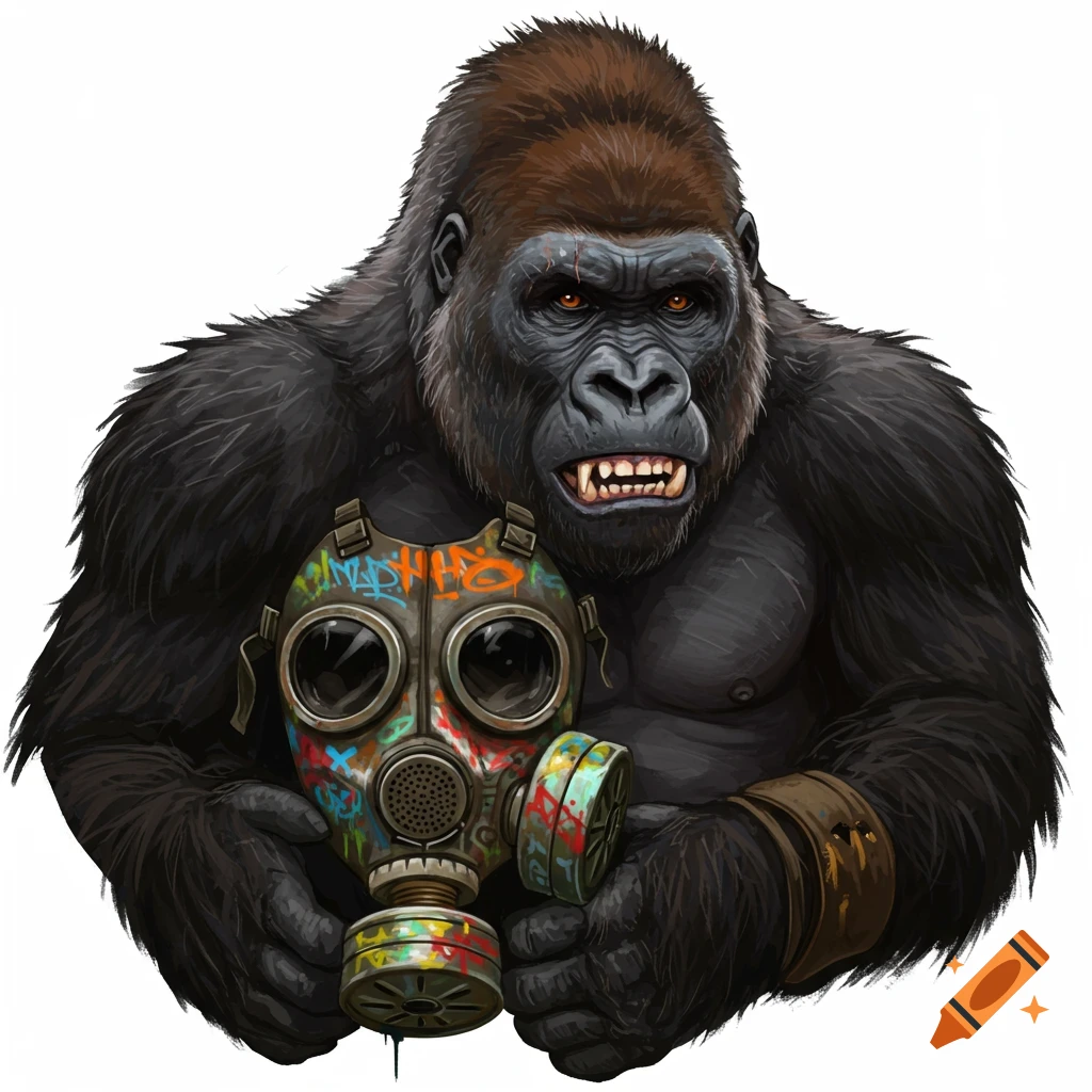 Digital illustration of a post-apocalyptic gorilla holding a gas mask ...