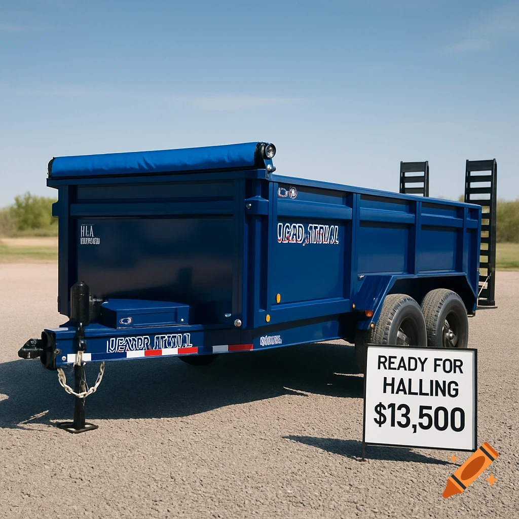 A blue dump trailer with ramps is parked on gravel next to a sign that ...