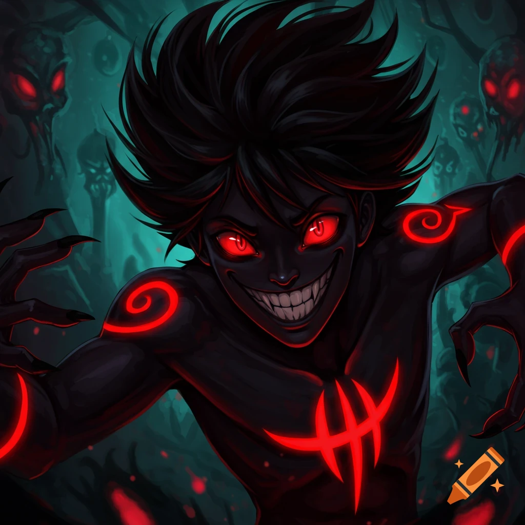 Dark character with red eyes, sharp teeth, and red glowing patterns on a dark background. on Craiyon