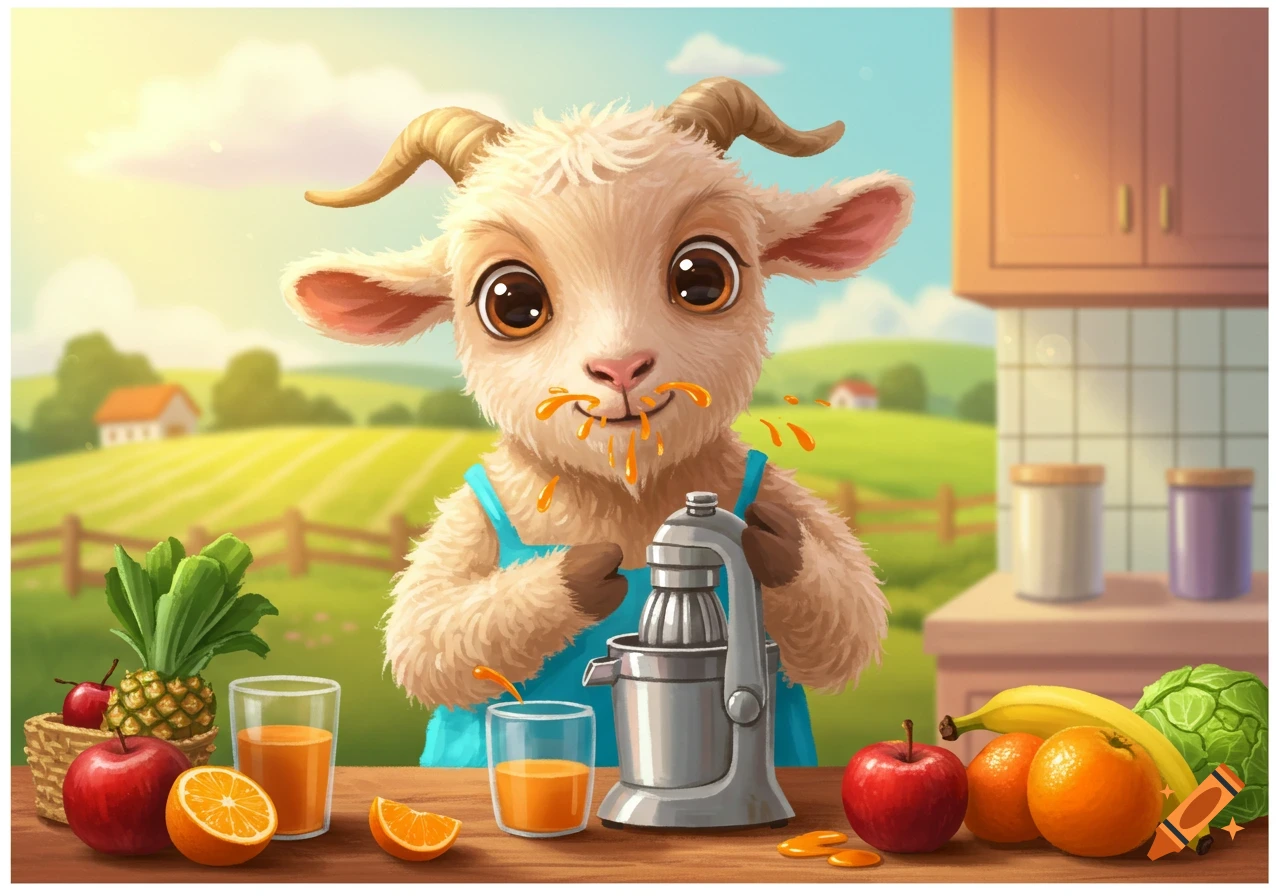 Cute illustrated goat making juice with fruit in a kitchen. on Craiyon
