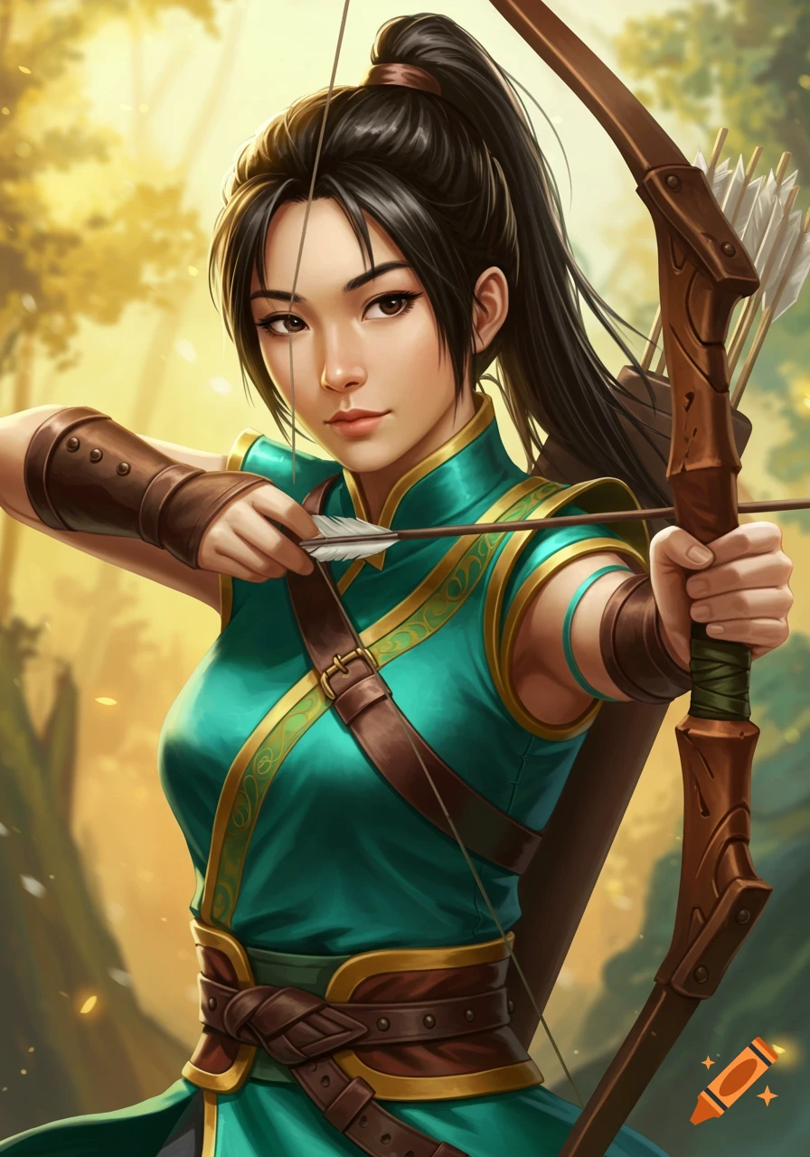 Digital painting of a female archer drawing a bow in a sunlit forest ...