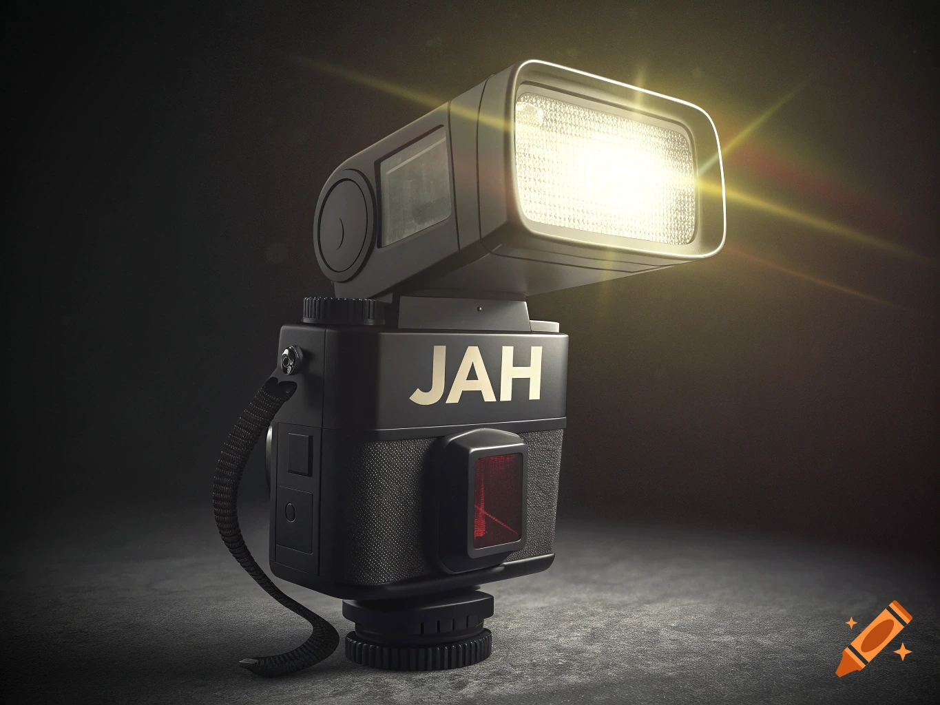 A black camera flash unit with 'JAH' written on it, lit up with a ...