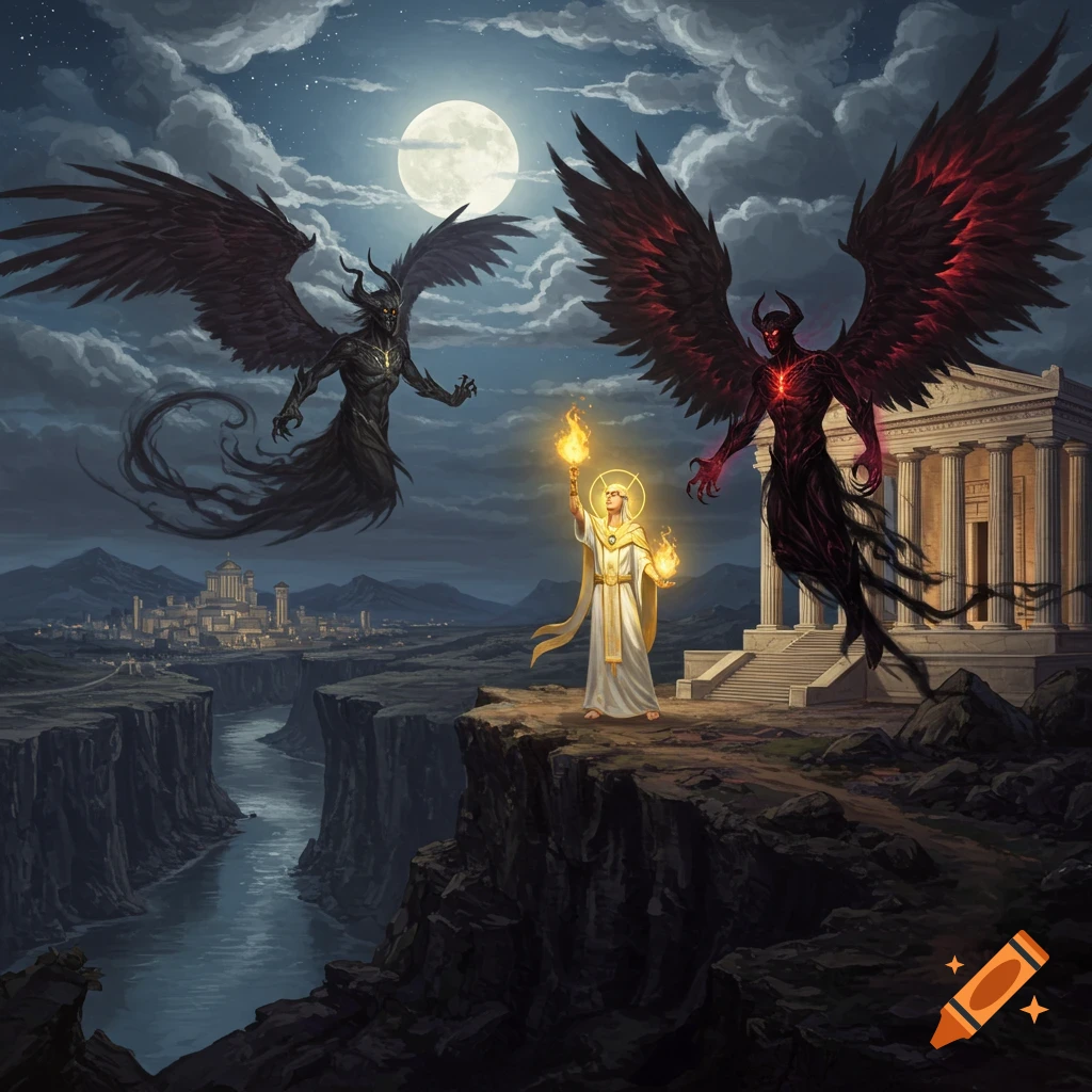 A divine figure battles two winged demons on a cliff overlooking a city ...