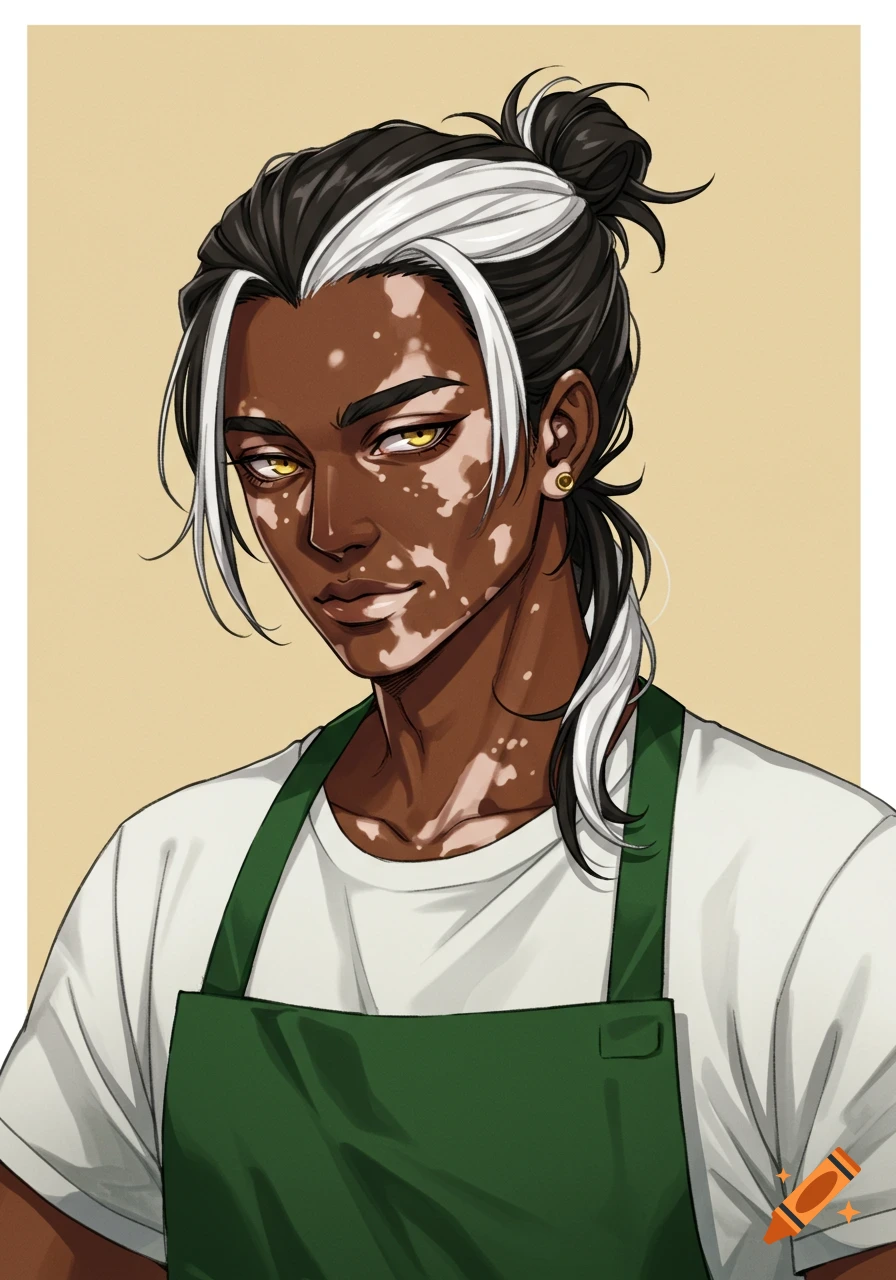 An anime portrait of a man with vitiligo, wearing a white shirt and ...