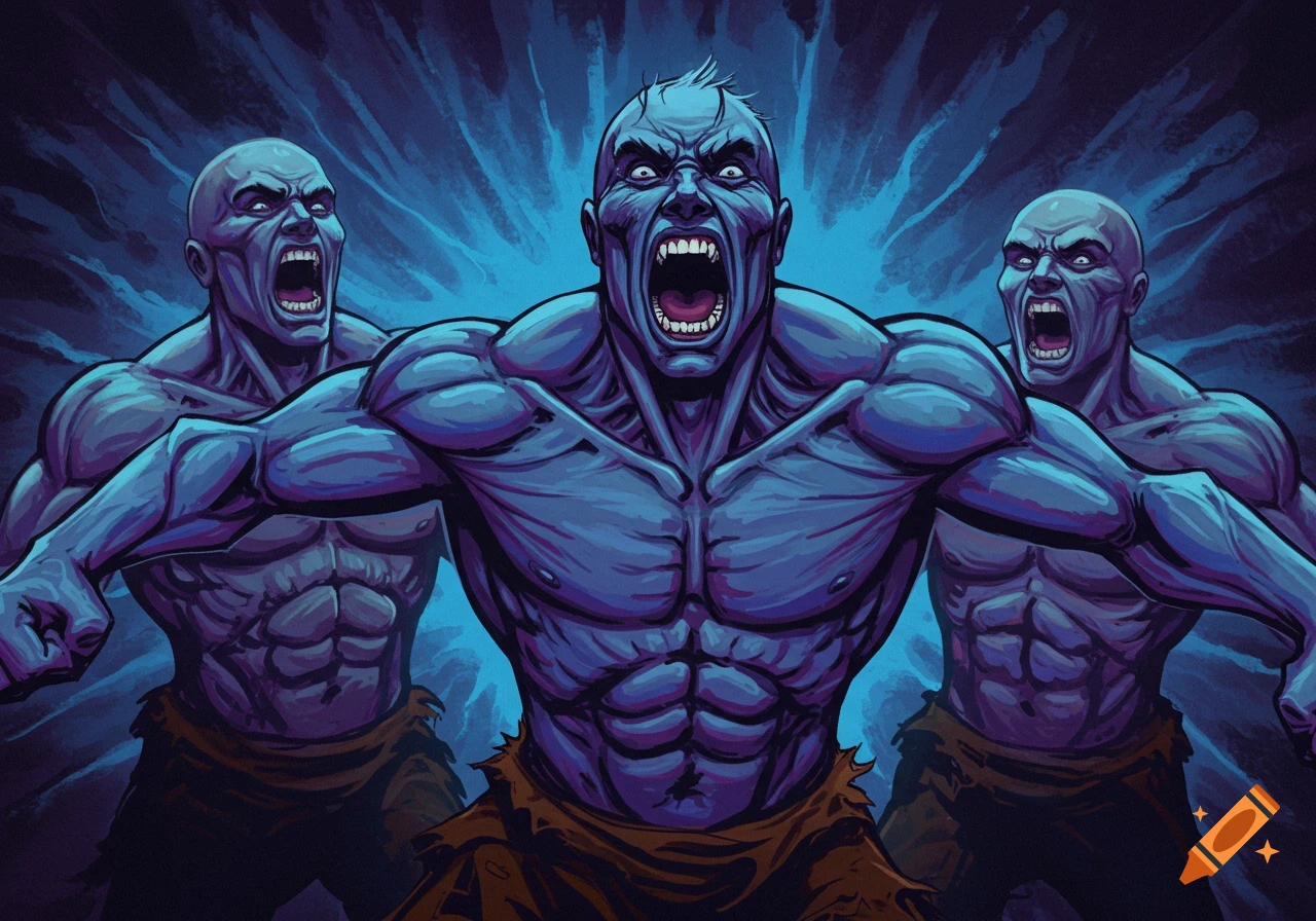Muscular blue-skinned men with screaming faces. Digital illustration ...