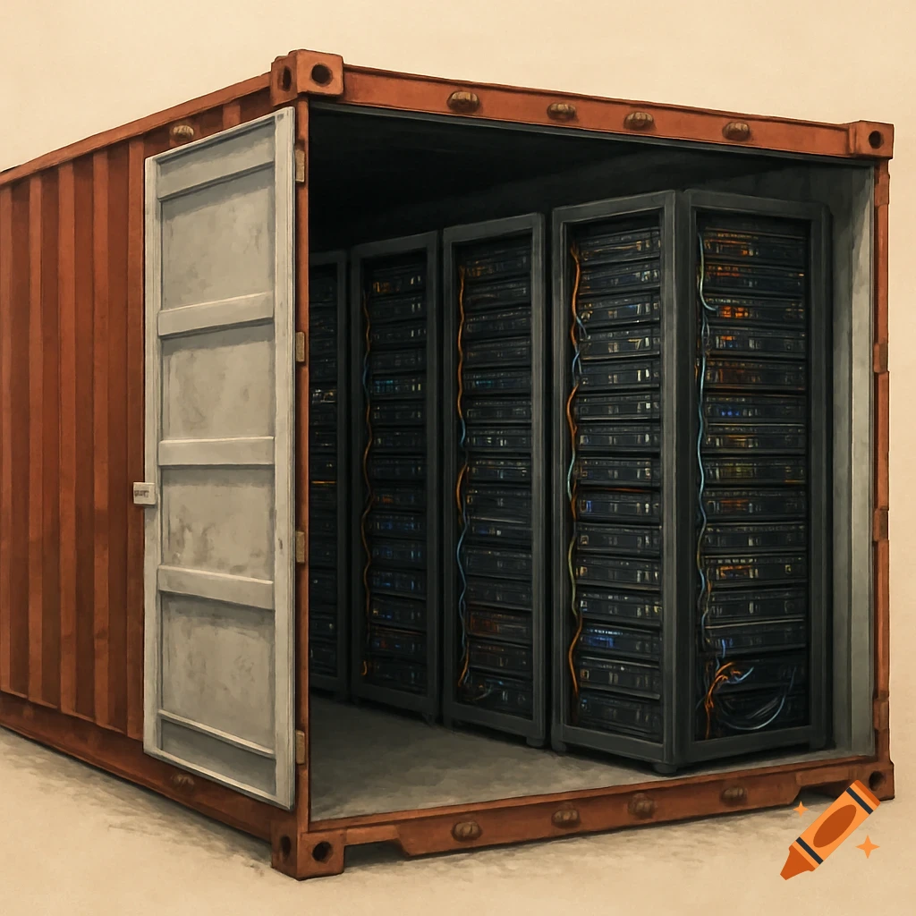 A shipping container open, revealing several racks of computer servers ...