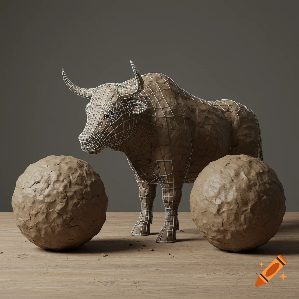 A clay ox sculpture with a wireframe overlay stands between two large ...