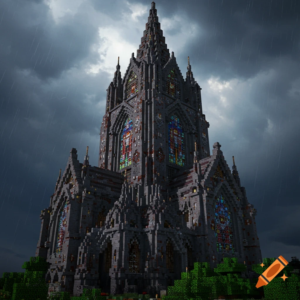 Minecraft gothic cathedral tower under a stormy sky on Craiyon