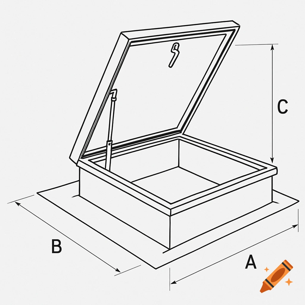 Line drawing of an open roof access hatch with measurement labels A, B ...