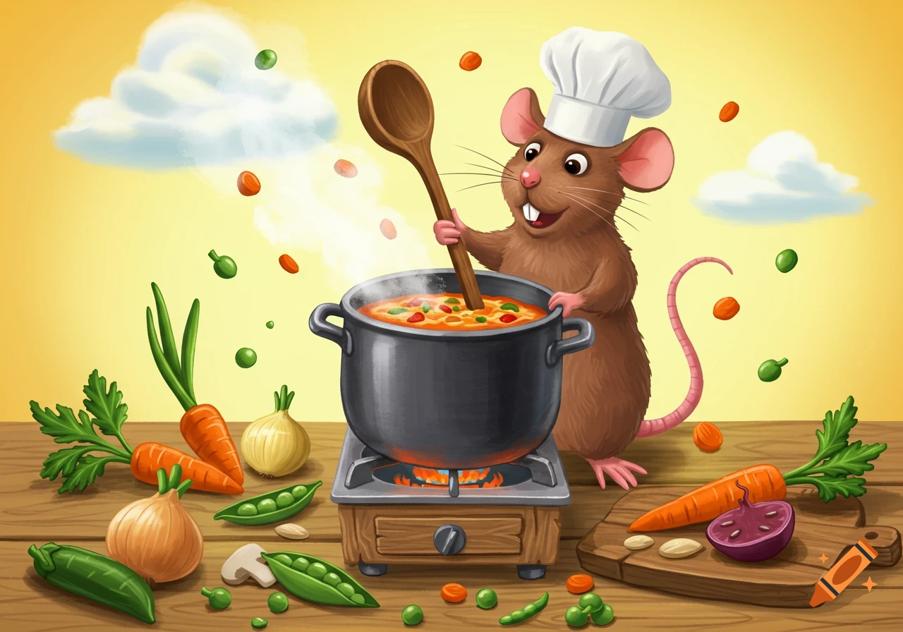 A cartoon rat wearing a chef's hat stirs soup in a pot, surrounded by ...