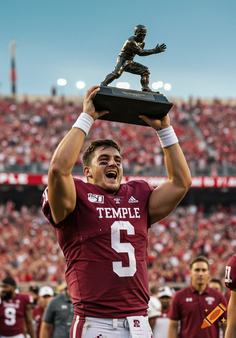 A football player in a Temple uniform celebrates with a trophy held ...