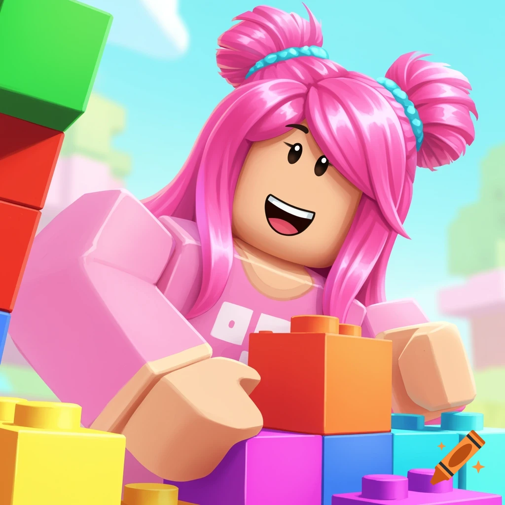 A smiling pink-haired Roblox character playing with colorful building ...