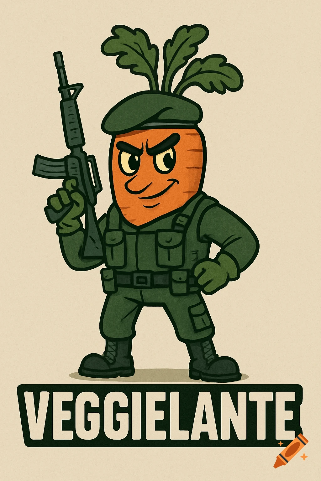 Cartoon carrot character in military gear holding a rifle, with the ...