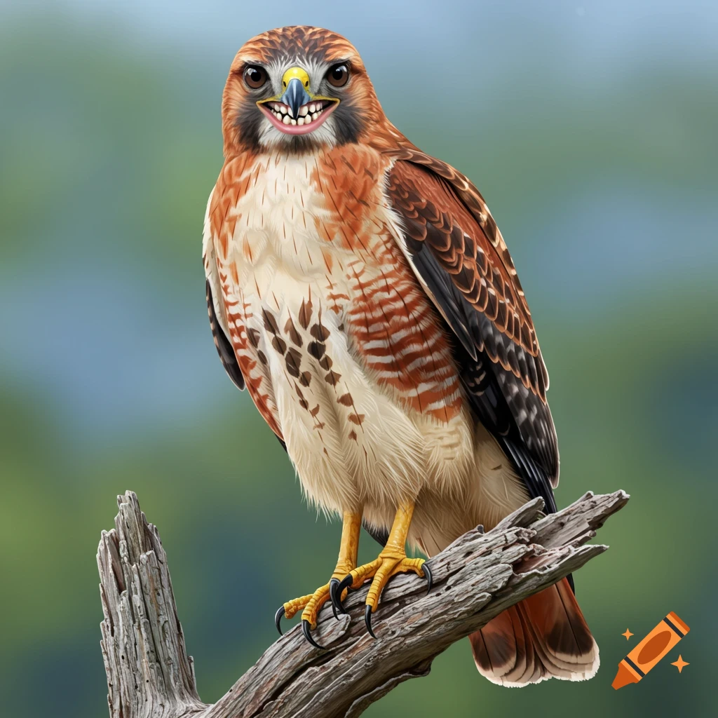 A red-tailed hawk is perched on a branch with a wide grin revealing ...